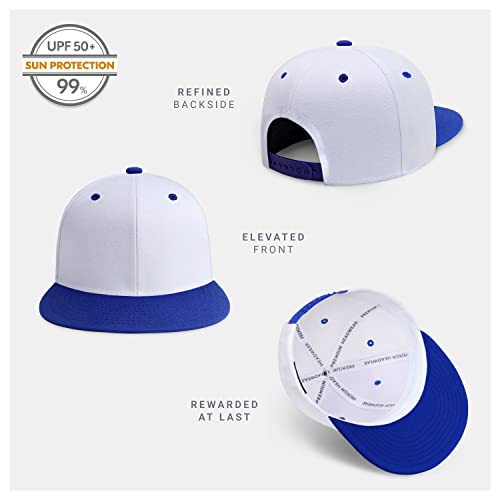 CHOK.LIDS Flat Bill Visor Classic Snapback Hat Blank Adjustable Brim High Top End Trendy Color Style Two Tone Baseball Cap (White/Royal)