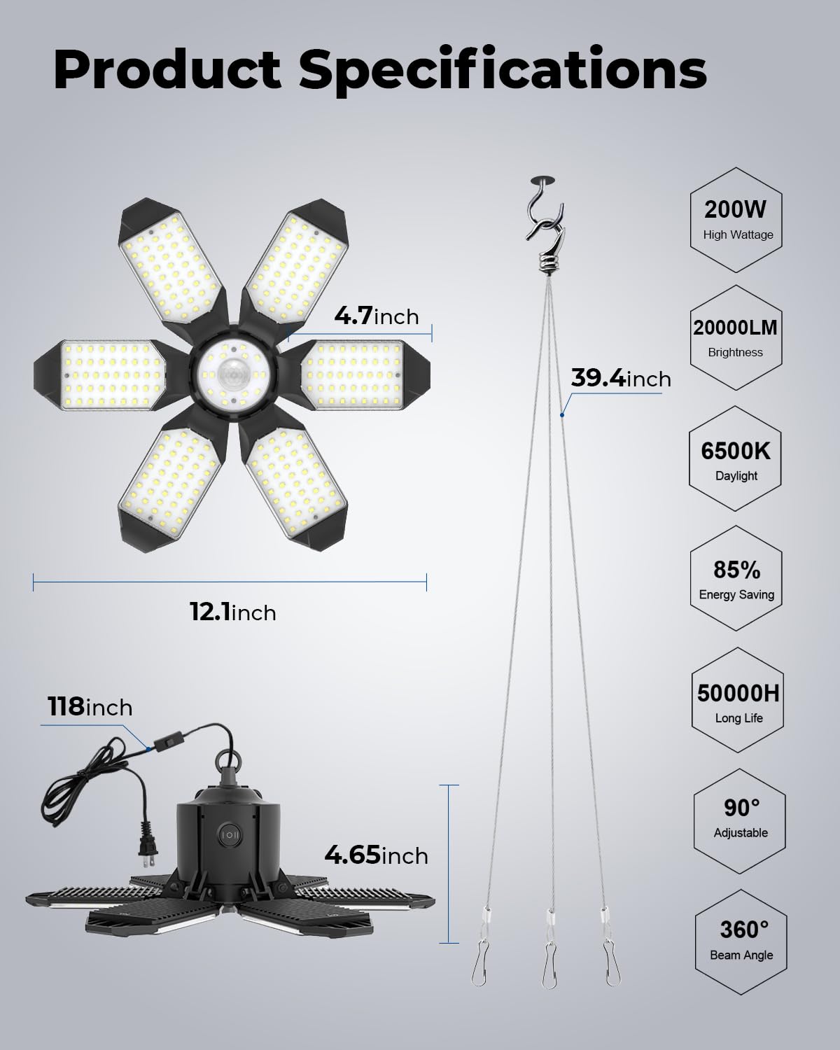 Plug in Garage Light with Motion Sensor - Ultra Bright 200W 20000LM Motion Activated Shop Light with 3 Mode, 6 Deformable LED Panel, 6500K Indoor Motion Light Bulb for Garage, Workshop (1 Pack)