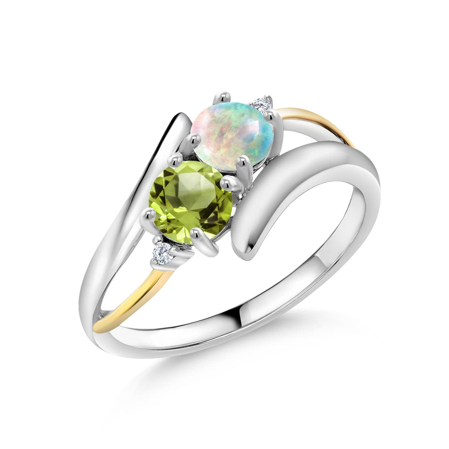 925 Sterling Silver and 10K Yellow Gold Round Cabochon White Simulated Opal Green Peridot and Lab Grown Diamond 2 Stone Crossover Ring For Women (1.07 Cttw, Available 5,6,7,8,9) (Size 6)