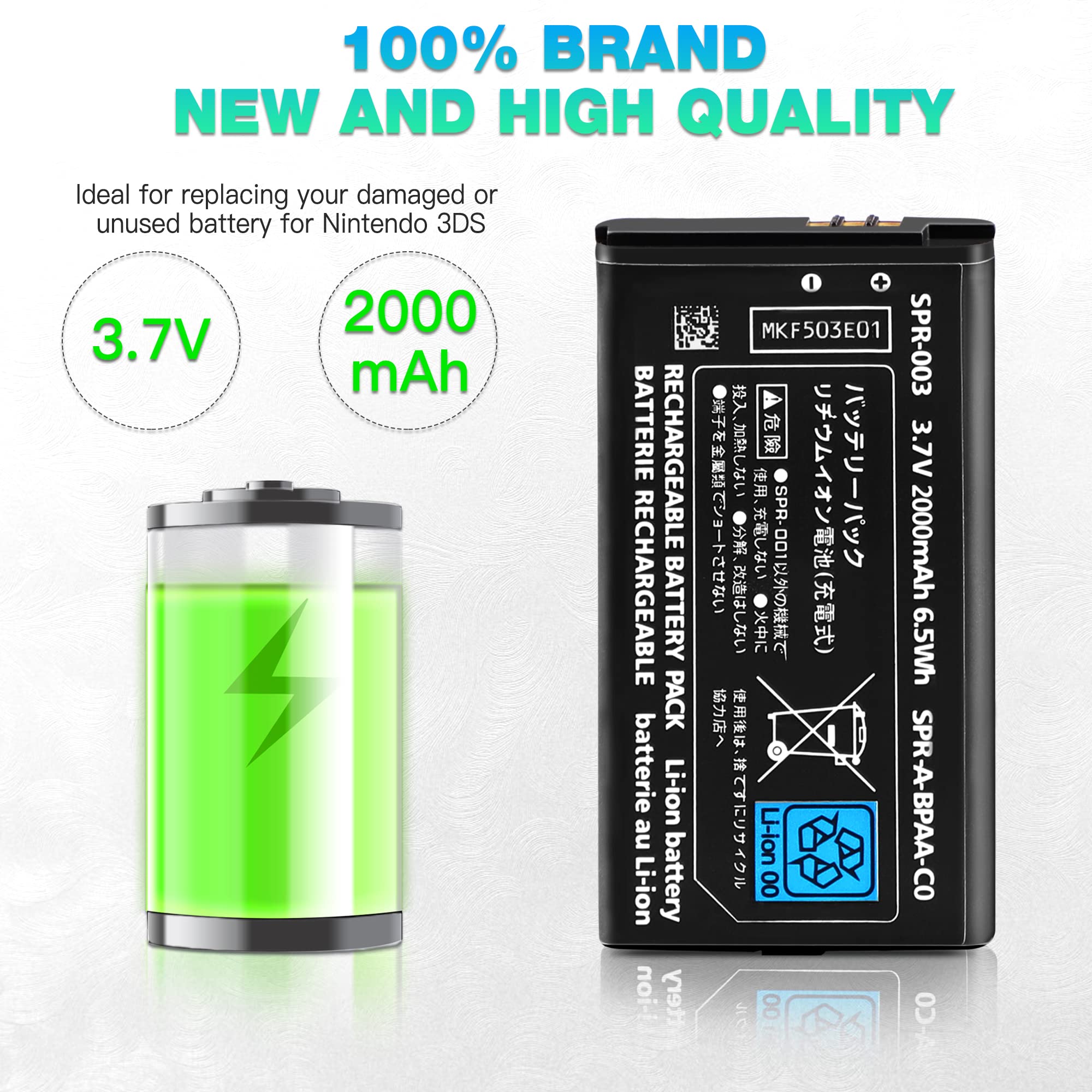 3DS XL Battery Pack, 2000mAh Replacement Rechargeable Lithium-ion Battery + Tool Pack Kit Compatible with Nintendo 3DS XL/New 3DS XL
