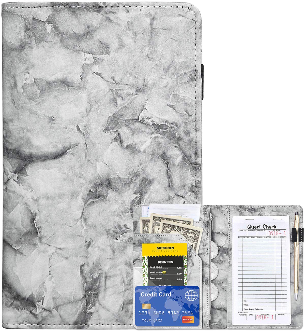Server Books for Waitress - Marble Texture Leather Waiter Book Server Wallet with Zipper Pocket, Cute Waitress Book&Waitstaff Organizer with Money Pocket Fit Server Apron