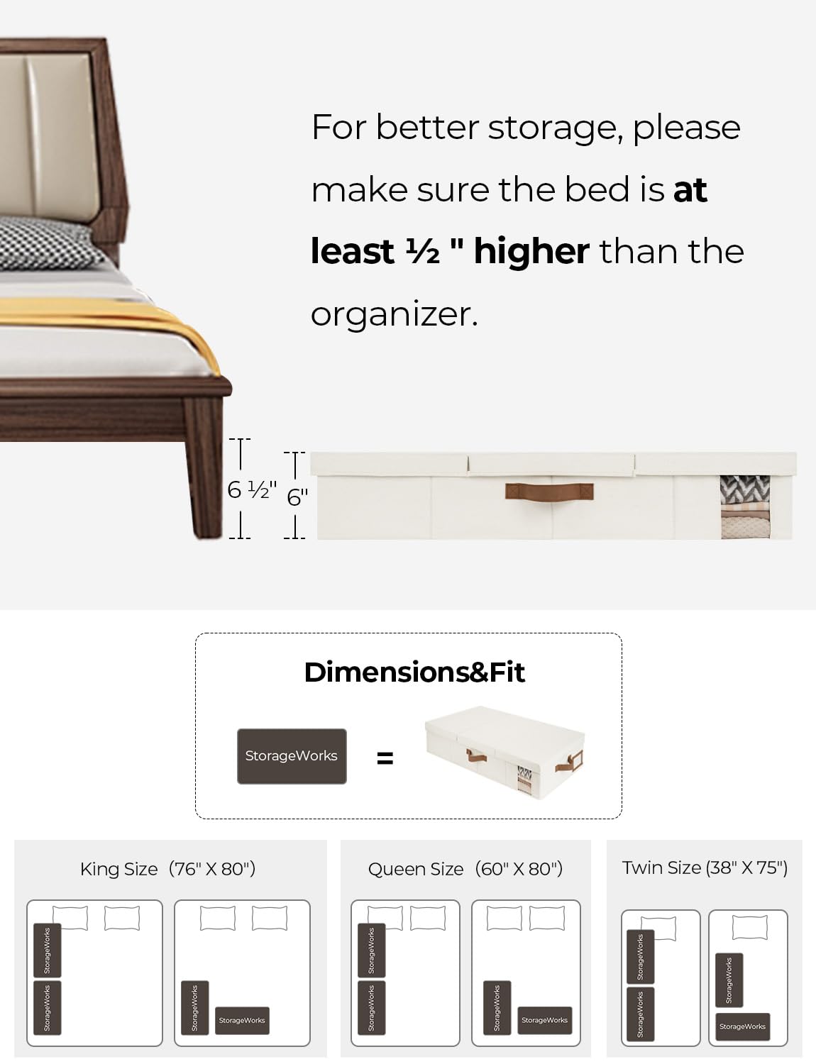 StorageWorks Under Bed Storage with Lid, Underbed Storage Containers with Handles, Underbed Organizer for Bedroom, Foldable Clothing Storage Bins, Box for Blankets, Large, Beige, 2-Pack