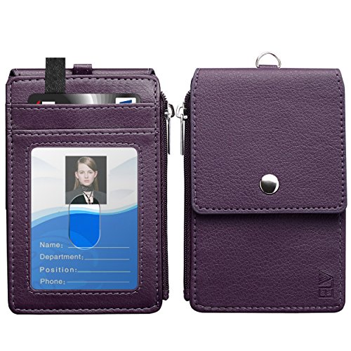 ELV Badge Holder with Zipper, PU Leather ID Badge Card Holder Wallet with 5 Card Slots, 1 Side RFID Blocking Pocket and 20 inch Neck Lanyard Strap for Offices ID, School ID, Driver Licence (Purple)