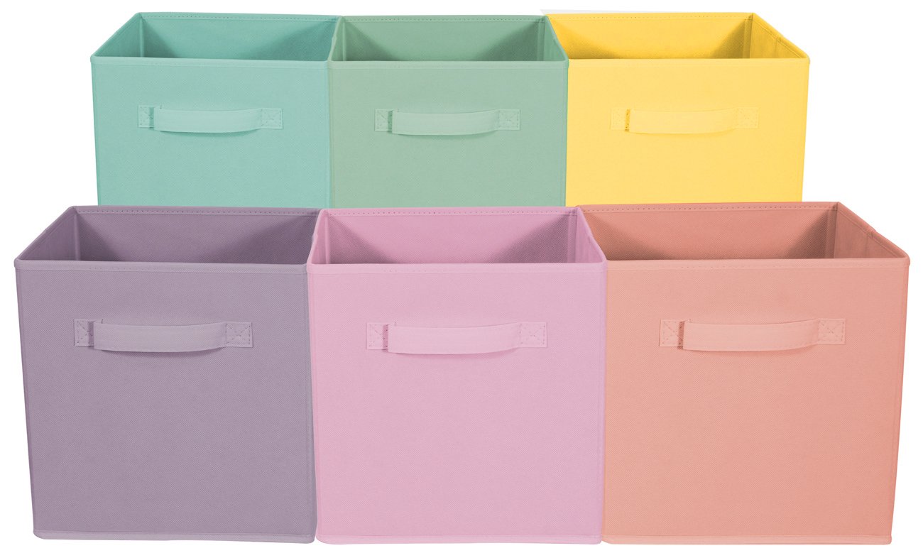 Sorbus 11 Inch Cube Storage Bins Bundle - Set of 6 Pastel Rainbow Bins & Set of 6 Navy, Red, and Yellow Bins (12 Storage Bins Total)