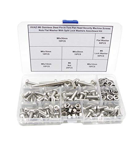 HVAZI M6 Stainless Steel Pin-in-Torx Pan Head Security Machine Screws Nuts Flat Washer with Split Lock Washers Assortment Kit