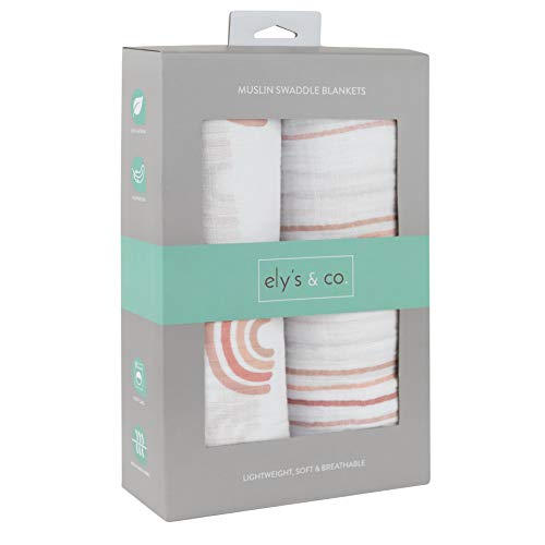 Ely's & Co. Cotton Muslin Swaddle Blanket 2-Pack for Baby Girl β 100% Cotton Muslin Extra-Large Swaddle Blankets (47β x 47β) Dusty Rose Stripes | Rainbows