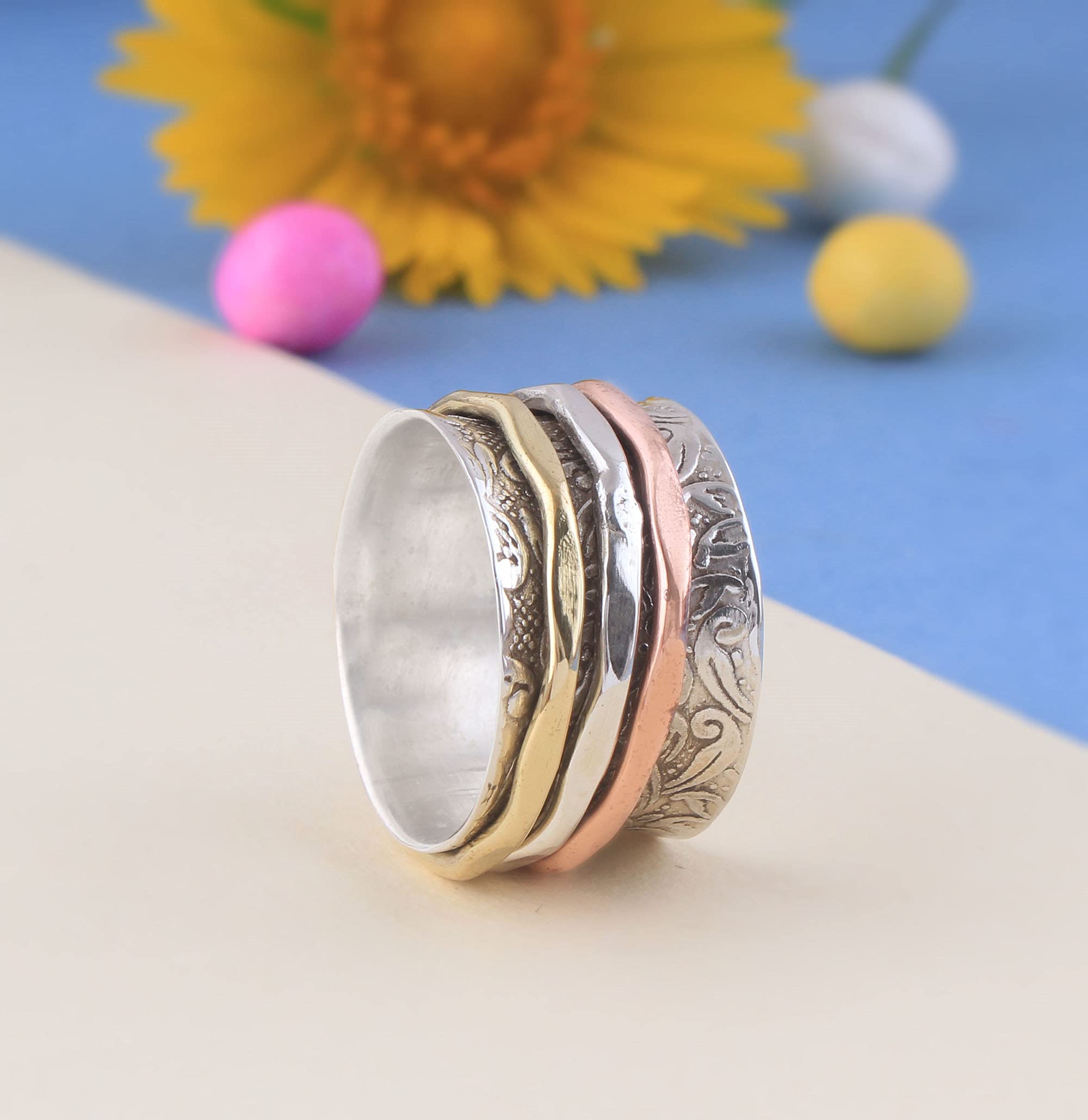 925 Sterling Silver Three Tone Spinner Ring, Thumb Ring, Meditation Ring , Silver Spinner Ring (8)