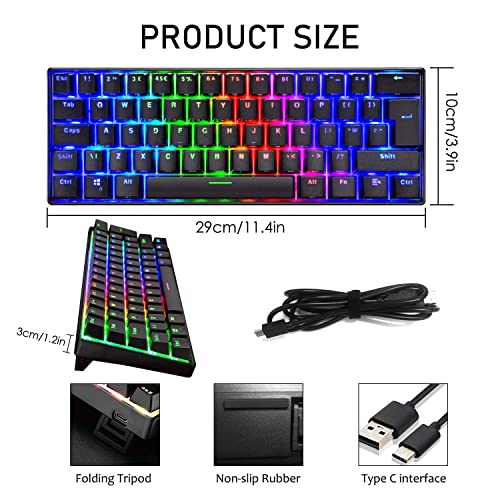 60% Mechanical Gaming Keyboard Mini Portable with RGB Backlit Full Anti-Ghosting 61 Key Ergonomic Metal Plate Wired Type-C USB Waterproof for Typist Laptop PC Mac Gamer(Black Keycap/Blue Switch)