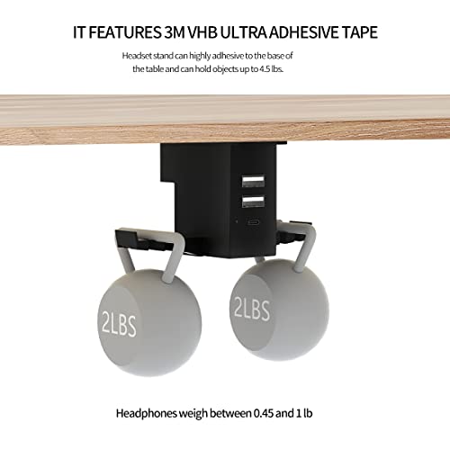 Headset Holder with USB Port Under Desk Headphone Stand Gaming Desk Accessories, Dual Earphone Hangers Hook(USB Type-C + A Included)