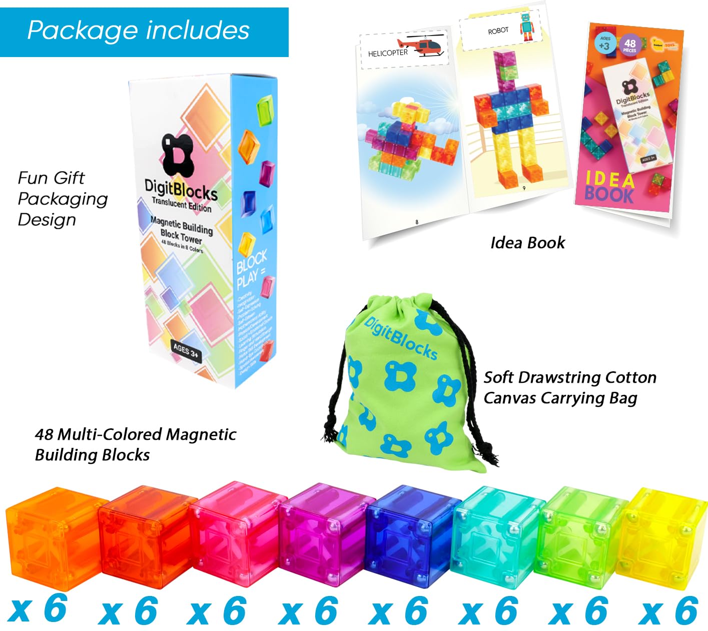 BrainSpark 48PCS Digit Blocks Translucent Magnetic Building Blocks, Montessori Clear Magnet Cubes for Boys Girls Stacking Block Sets Ages 3-9