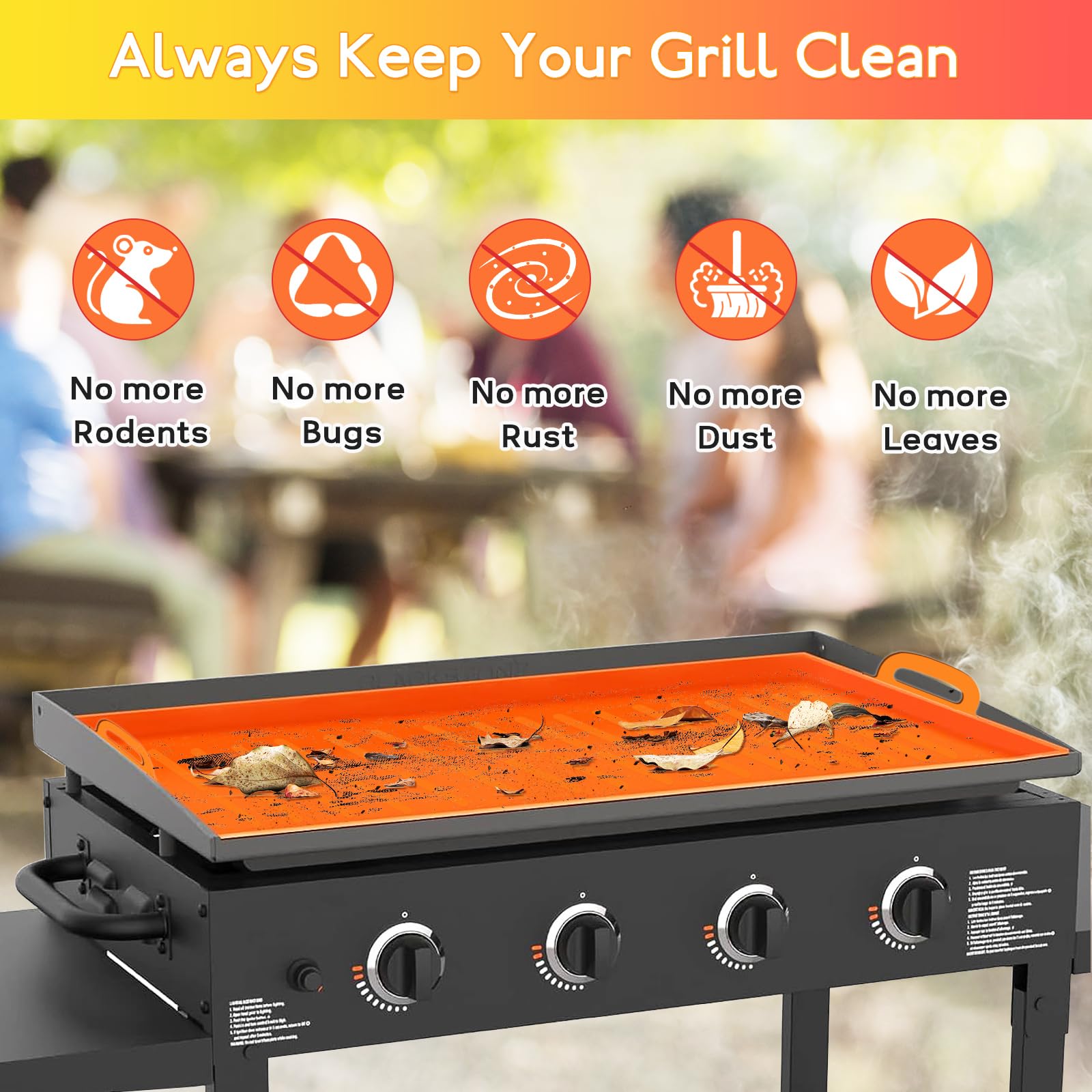 36" Silicone Griddle Mat for Blackstone Griddle, Magnetic Heavy Duty Food Grade Silicone Grill Mat with Handheld, All Season Protective Griddle Cover from Rodents, Insects, Debris, and Rust (Orange)