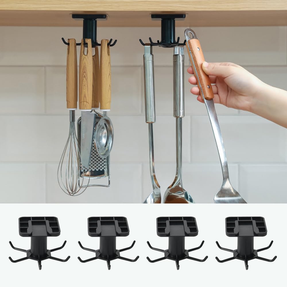 TIE-DailyNec 4 Pack Under Cabinet Kitchen Utensil Hooks Utility Hooks 360 °Rotating Nail Free Adhesive Hanging Hooks for Kitchen Utensils, Tools, Towel, Knife (Gray)