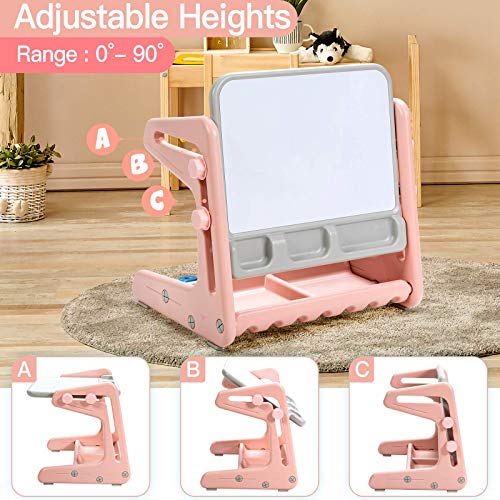 Costzon 2 in 1 Kids Table & Chair, Art Easel w/Adjustable Magnetic Painting Board, Storage Space, Art Supply Accessory, Children Convertible Activity Table Set for Drawing Reading Art Playroom (Pink)