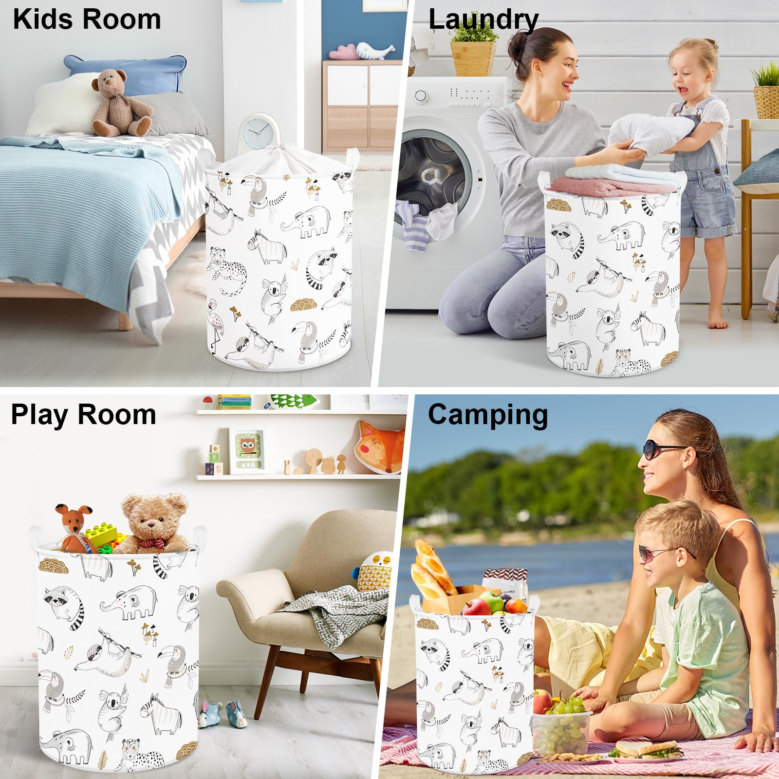 Clastyle 45L Sketch Forest Animal Kid Clothes Hamper Elephant Raccoon Laundry Basket for Boy Girl Leopard Zebra Round Toy Clothes Storage Basket for Nursery Room