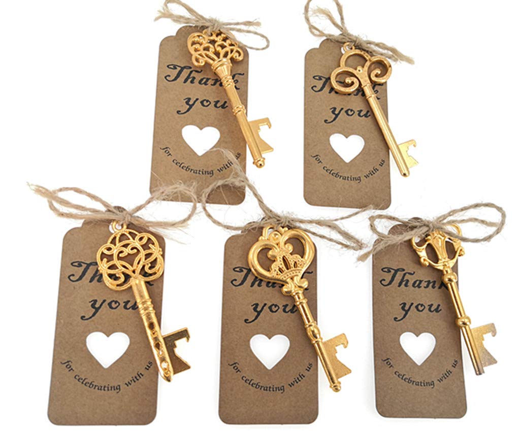 50pcs Skeleton Key Bottle Opener Wedding Party Favor Souvenir Gift with Escort Tag and Jute Rope(Golden Tone,5 styles)
