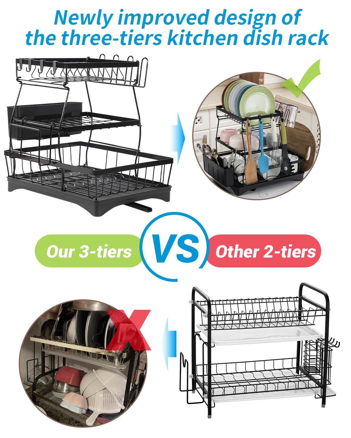 3 Tier Dish Drainer Rack for Kitchen Counter, Large Capacity Dish Drying Rack with 360° Rotating Drainboard, Dish Drainers for Kitchen Sink, Countertop Large Detachable Stainless Steel Dish Rack