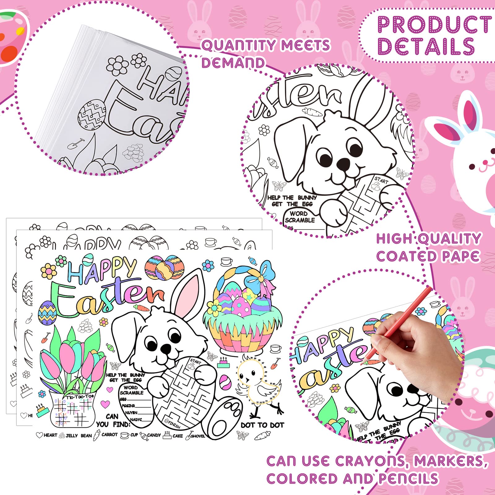 40 Sheets Easter Placemats for Kids Bunny Coloring Activity Place Mats Happy Easter Coloring Placemats Disposable Easter Paper Placemats for Table Kitchen Tray Crafts Activities