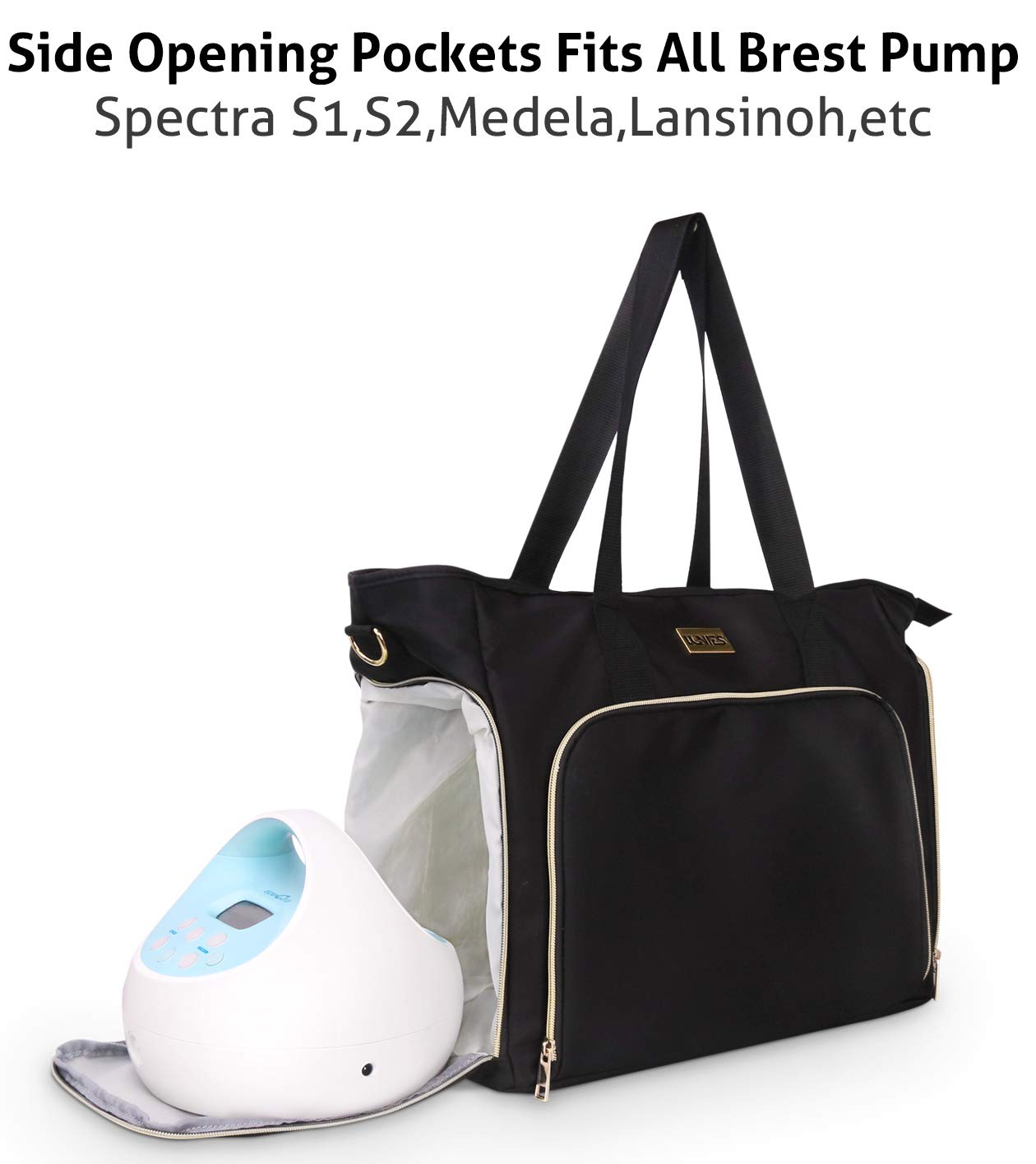 Lunies Breast Pump Bag Diaper Tote Bag, Double Layer Breastmilk Storage Bag for Travel, Large Capacity Baby Diaper Bag, Pumping Bag with Insulated Pockets