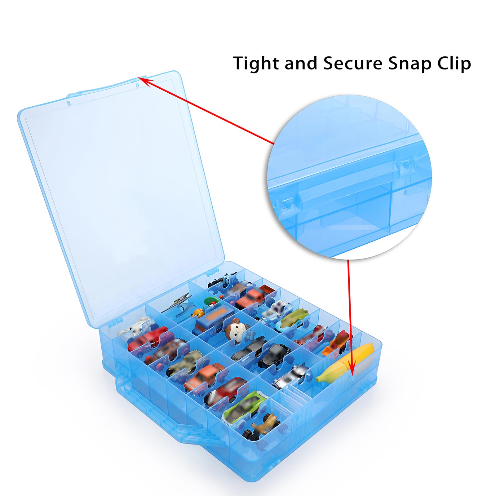BTSKY Double Sided Toy Storage Organizer with 48 Compartments, Toy Organizer Carrying Case for Hot Wheels Car, Matchbox Cars, Mini Toys, Small Dolls, and more Mini Cars Collection(Blue)