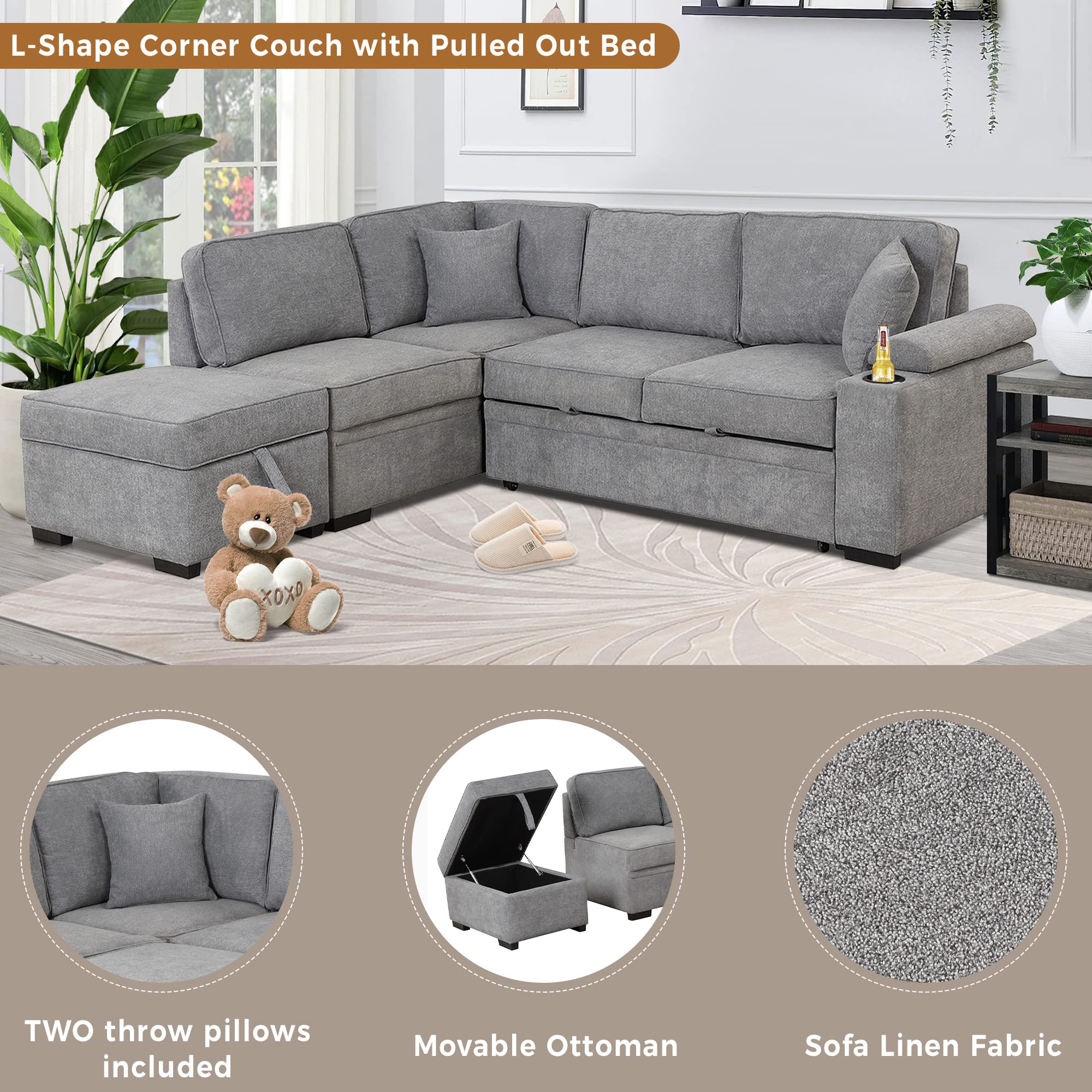 Merax Sleeper Sofa Bed L Shaped Sectional Couch with Storage Ottoman and Chaise for Living Room, Small Apartment Love Seats, Gray_Linen