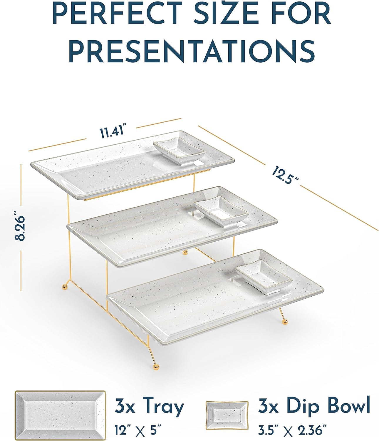 3 Tier Gold Serving Tray Stand with Dipping Bowls - Dessert and Fruit Platter for Hosting, Parties, Celebrations - Swiveling Collapsable Stackable