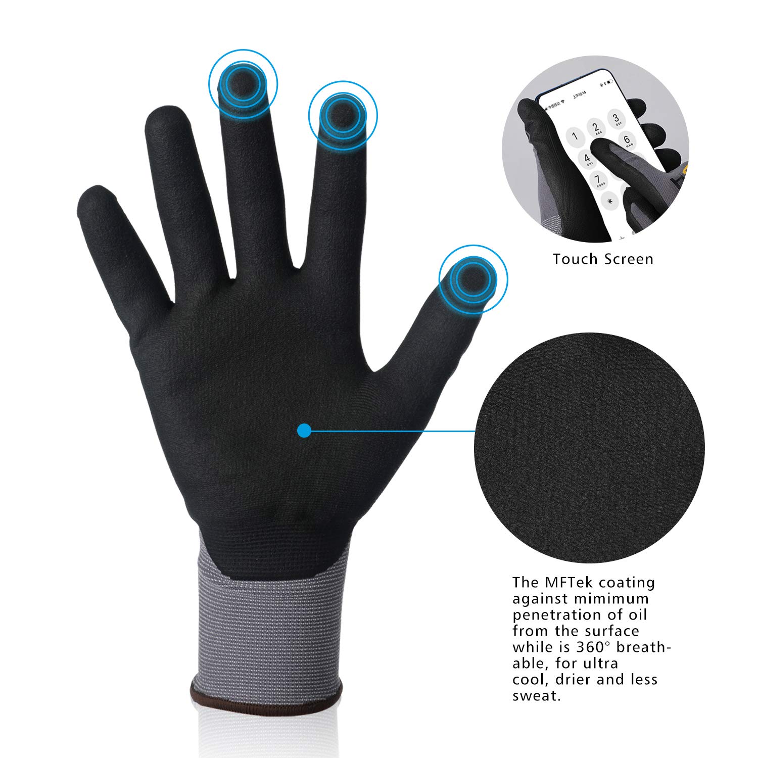 HPHST Safety Work Gloves Micro Foam Nitrile Coated,Seamless Knit Nylon Glove with Black Micro-Foam Nitrile Grip,Ideal for General Purpose,Automotive,Home Improvement,Grey Large 3 Pairs Pack