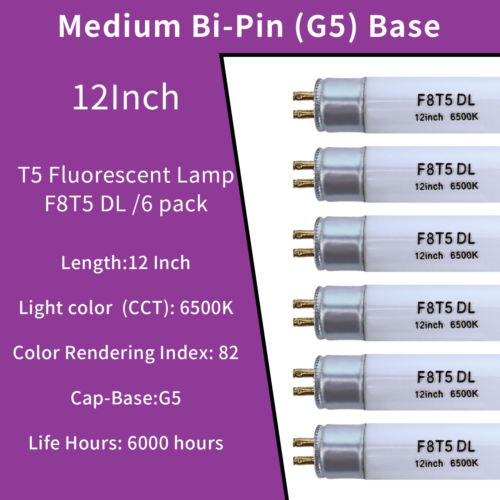 Accway (6 Pack) F8T5/DL 6500K 12ββ Linear Fluorescent Light Bulb, 8W Day Light T5 Tube, F8T5/D Bright White Lamp G5 Base Replacement for Under Cabinet Light, RV, Closet