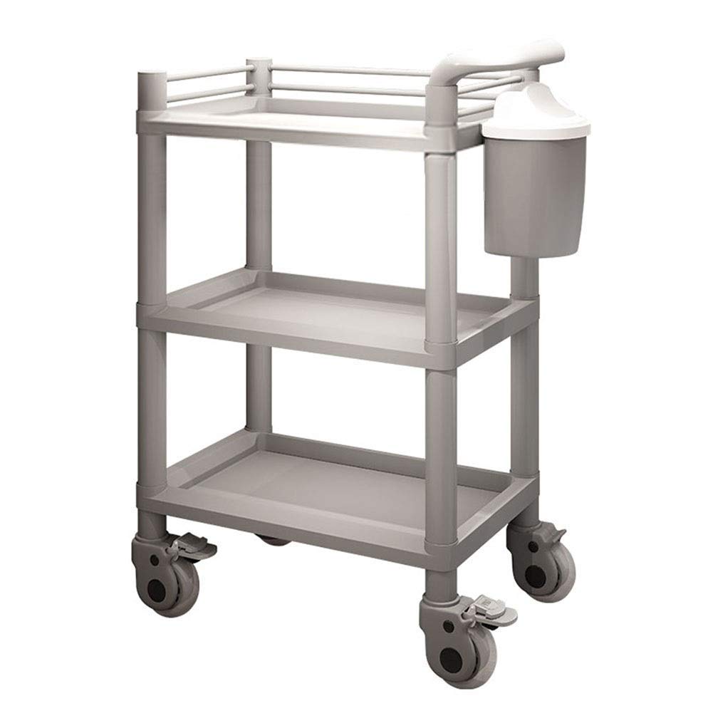 3 Tier Medical Instruments Rolling Cart with Handle Dirt Bucket, Abs Beauty Salon Trolley with Brake Wheel, 100Kg Load, 98Cm Height, PIBM