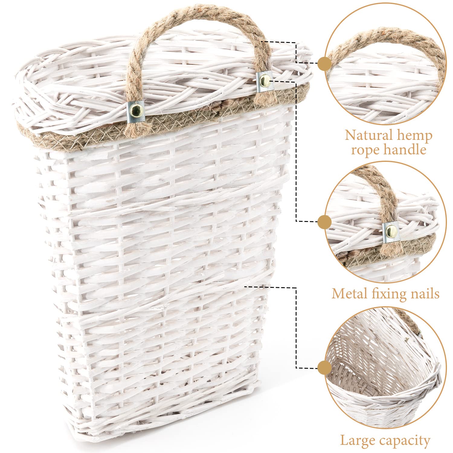 AceList Set of 2 Handmade Wall Hanging Baskets - Woven Wicker Wall Baskets Perfect for Boho Rustic Farmhouse Wall Decor(White)