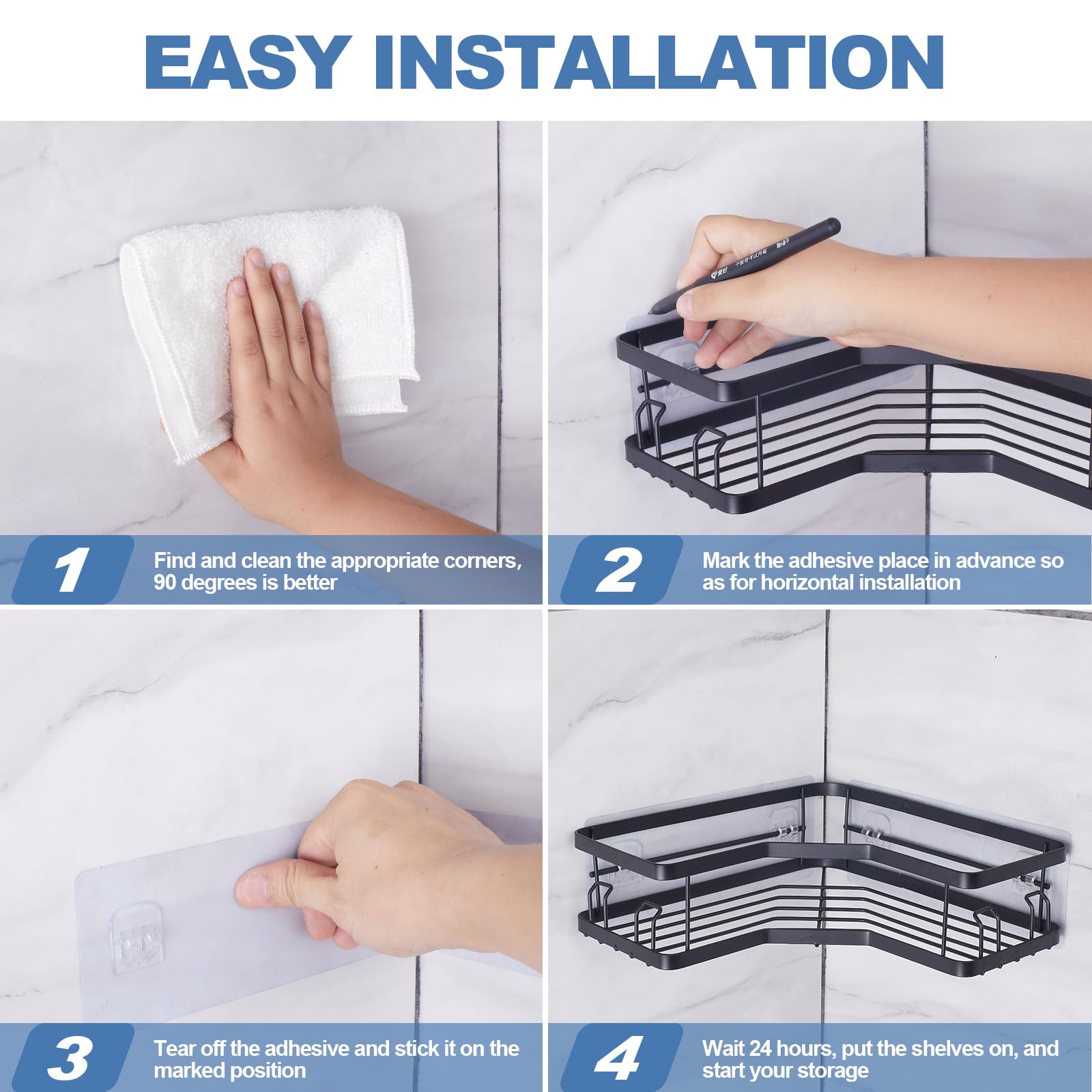 B BSIASIO Shower Car -3-Piece Set, With Soap Holder and Hook, Rust Resistant Stainless Steel Bathroom Shower Car, Non Drilled Wall Mount Bracket, Corner Shower, Black
