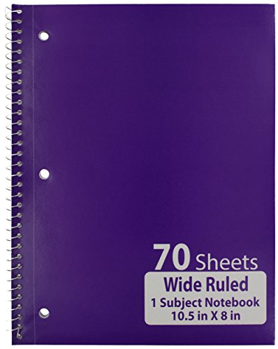 Emraw Single Subject Notebook Spiral with 70 Sheets of Wide Ruled White Paper - Set Includes: Red, Black, Purple, & Blue Covers (4 Pack)