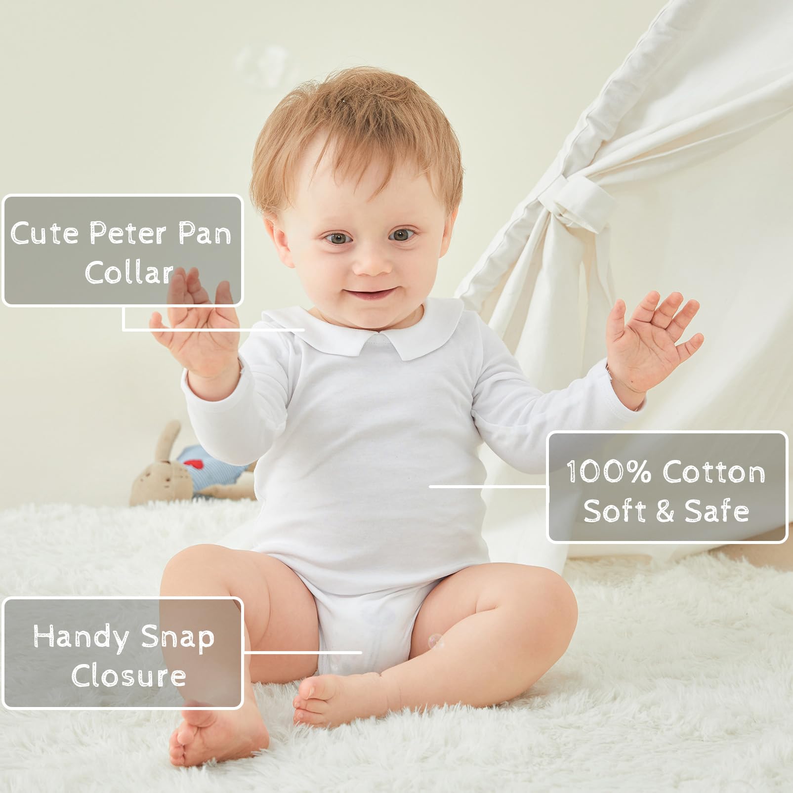 pureborn Baby Boy Girl Long Sleeve Cotton Bodysuit Peter Pan Collar Spring Fall Solid White 12-18 Months