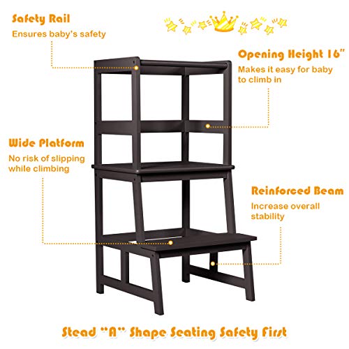 Costzon Kids Kitchen Step Stool with Safety Rail, Toddler Kitchen Stool w/Solid Bamboo Construction, Child Stand Helper for Kitchen Bathroom Living Room, Perfect for Toddler from 18-36 Months (Brown)
