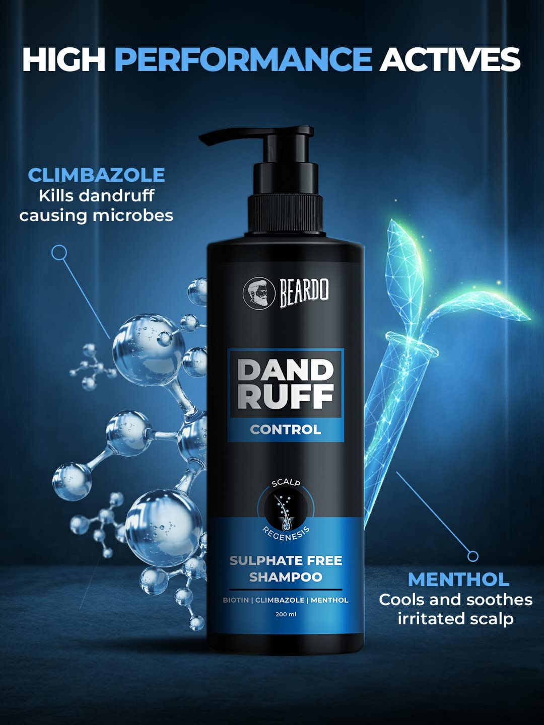 BEARDO Dandruff Control Sulphate Free Shampoo for Men 200 ml | Anti Dandruff Shampoo | Biotin | Climbazole | Menthol | Shampoo for Oily Hair | Reduce Dandruff | Itchy Scalp Treatment - 7 Fl Oz