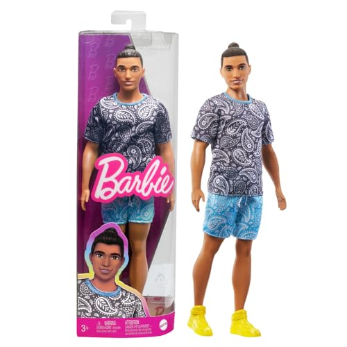 Barbie Ken Doll, Kids Toys, Fashionistas, Brown Hair in Bun, Paisley Tee and Shorts, Clothes and Accessories