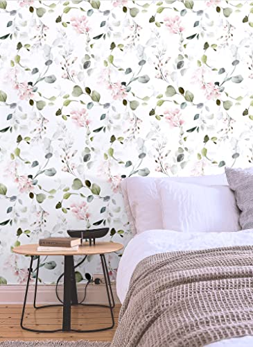 Blooming Wall DPY54 Watercolor Boho Fresh Green Leaves Textured Peel and Stick Wallpaper Self-Adhesive Prepasted Wallpaper