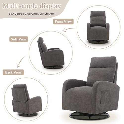 Deolme 360 Swivel Accent Glider Rocking Chair, Comfy Tufted Upholstered Glider Rocker for Nursery, Modern Armchair with Tall Back and Side Pocket for Living Room, Bedroom (Dark Gray)