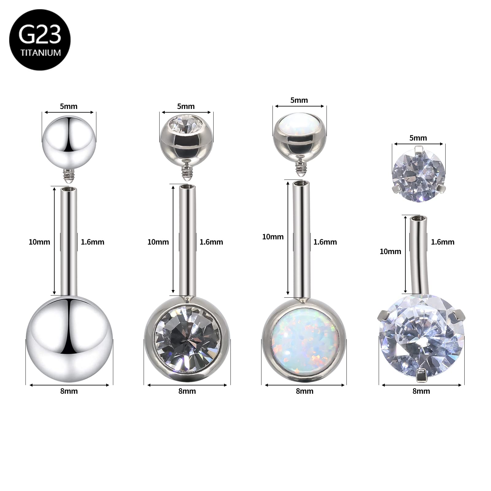 3Pcs G23 Titanium Belly Rings 14G Internally Threaded Belly Button Rings Round Cubic Zirconia CZ Opal Stone Navel Barbell Rings Stud Body Piercing Jewelry