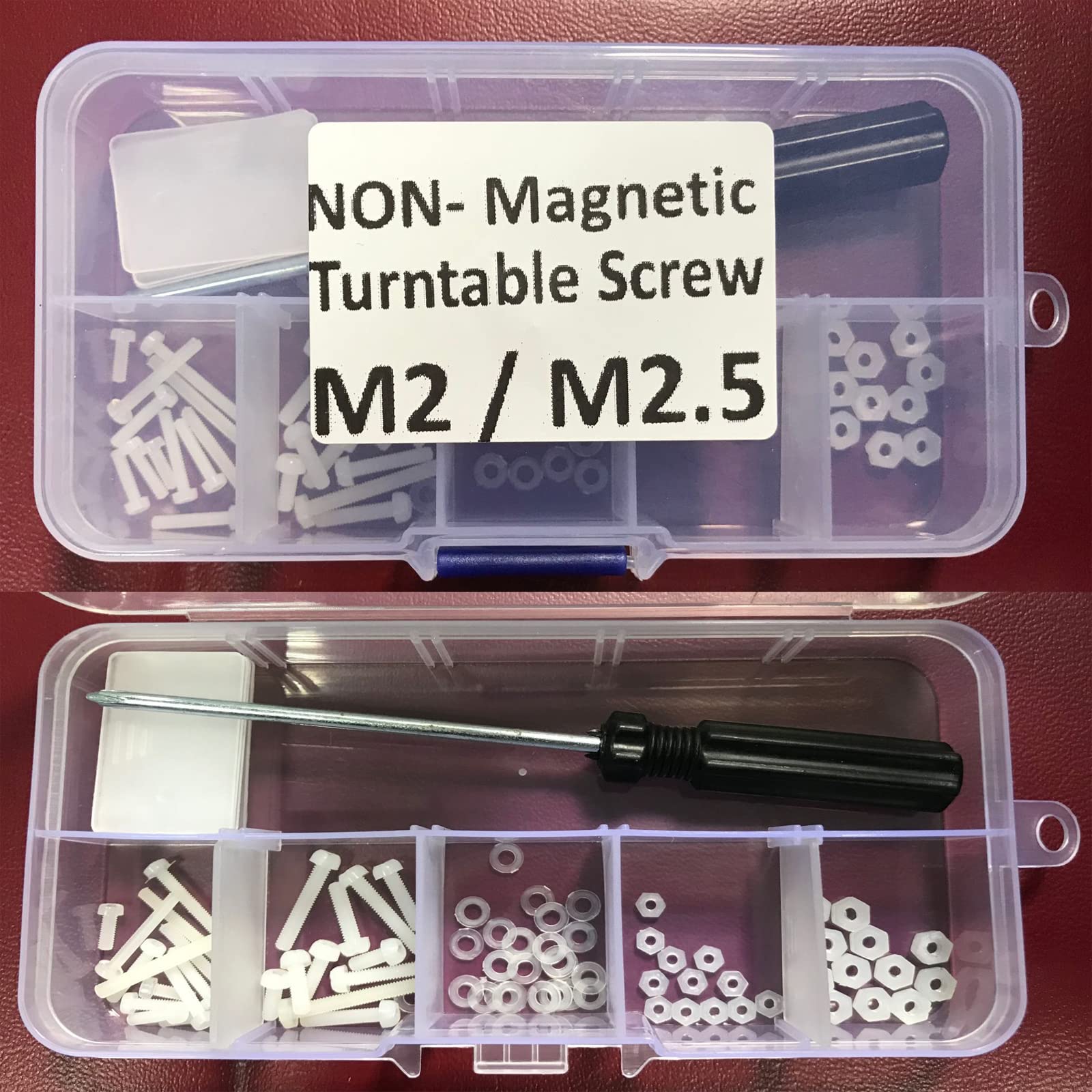 73 Pieces Non-Magnetic Nylon Round Head Bolt Screw Nut Washer Assortment Kit with Screwdriver and Storage Box - M2 M2.5 (6mm-20mm)for Most Turntable Cartridge Headshell Mounting