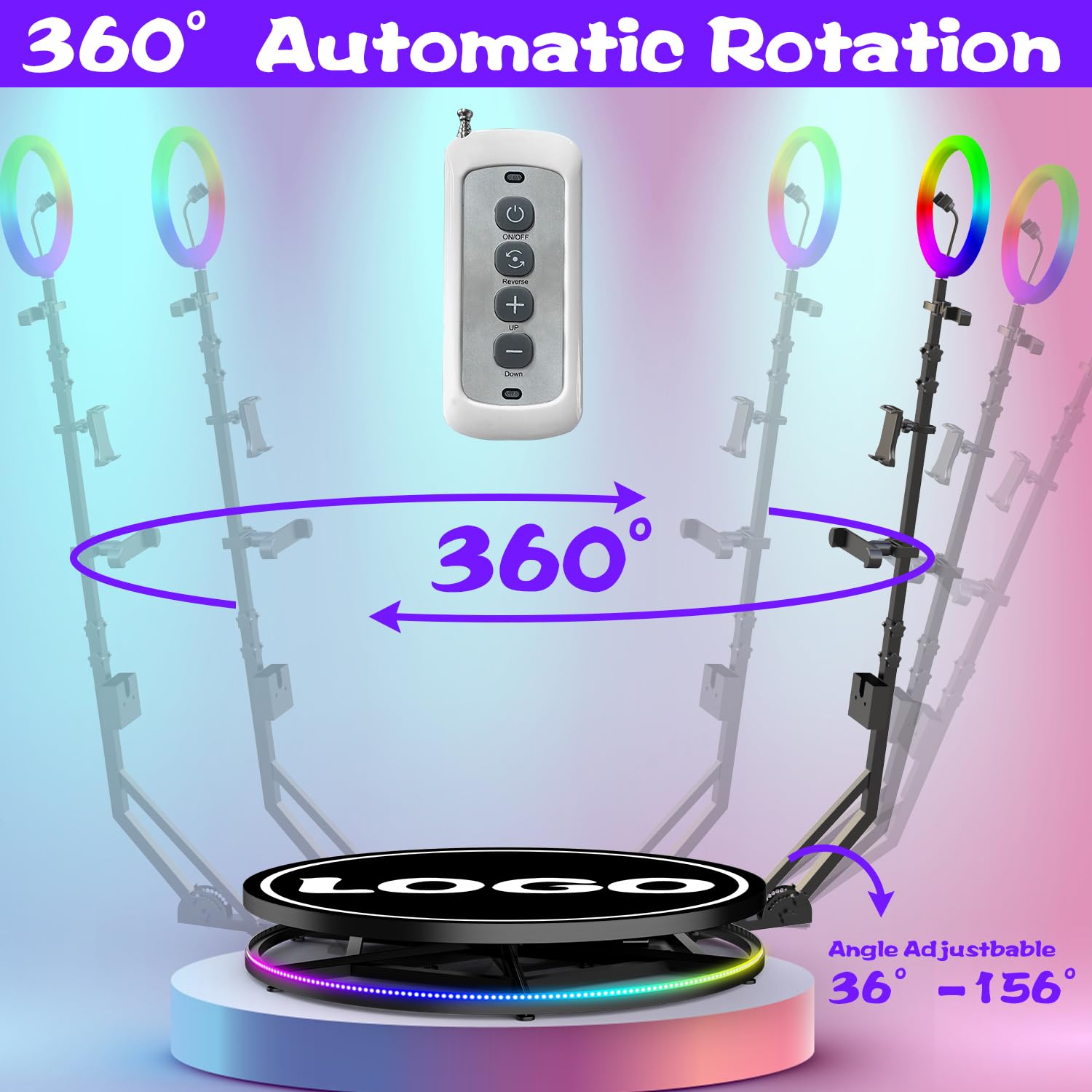 360 Photo Booth Machine for Parties with Ring Light Free Custom Logo 5 People Stand on Remote Control Automatic Slow Motion 360 Spin Photo Camera Booth 100cm 39.4 inch with Flight Case