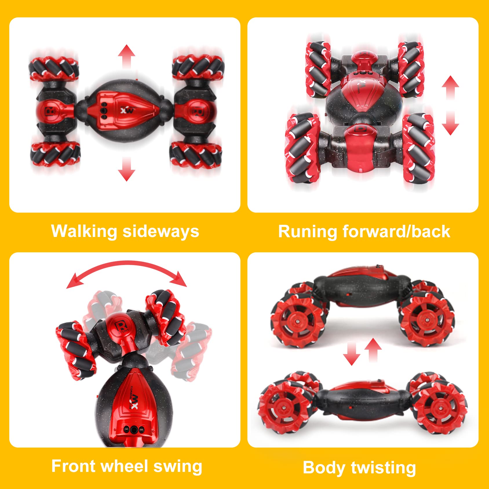 BIRANCO. RC Stunt Car Gesture Sensing - Christmas Red, 2.4GHz 4WD Hand Controlled Double Sided Remote Control Car with Music & Lights, Kids Toy, Gift Ideas for Boys Age 5-12 Years Old