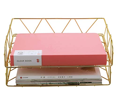 PAG 2 Packs Desktop File Organizer Metal Stackable Horizontal Letter Tray Paper Holder Rack, Gold