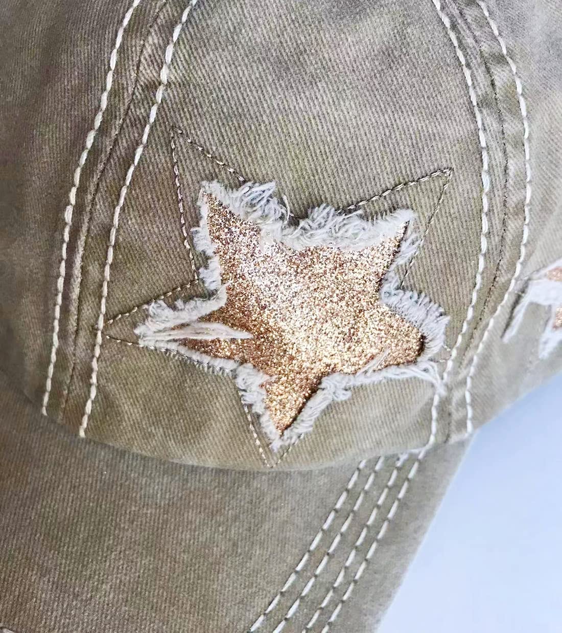 Adorable Star Ponytail Hats for Women, Curved Sanpback Distressed Black Pony Cap, Adjustable Denim Messy Bun Ball Caps (as1, alpha, one_size, m, Khaki Star)