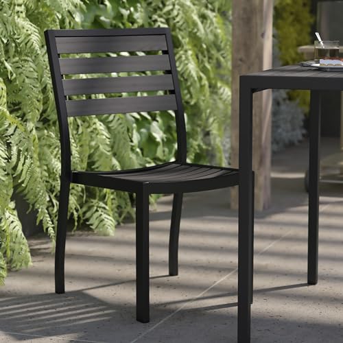 Flash Furniture Lark Outdoor Stackable Side Chair with Gray Wash Faux Teak Poly Slats, Set of 2
