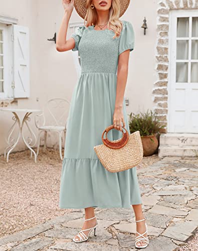 Annebouti 2023 Women's Summer Puff Short Sleeve Dress Modest Flowy A Line Ruffle Tiered Long Casual Smocked Maxi Dress with Pockets Solid Light Green S