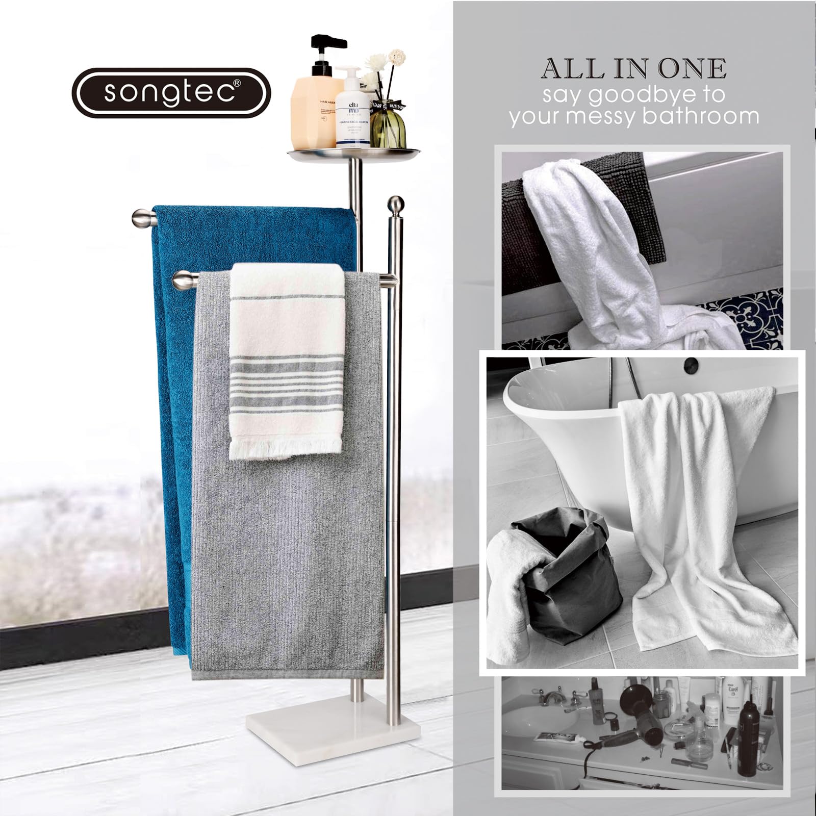 Songtec Towel Rack Stand for Bathroom, 2-Tier Towel Holder Stand for Bath Towels Max to 68β & 60β Long, Practical Shelf on Top for Phone, Shampoo, Body Wash