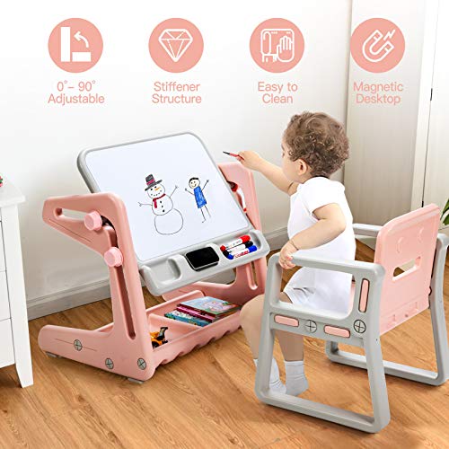 Costzon 2 in 1 Kids Table & Chair, Art Easel w/Adjustable Magnetic Painting Board, Storage Space, Art Supply Accessory, Children Convertible Activity Table Set for Drawing Reading Art Playroom (Pink)