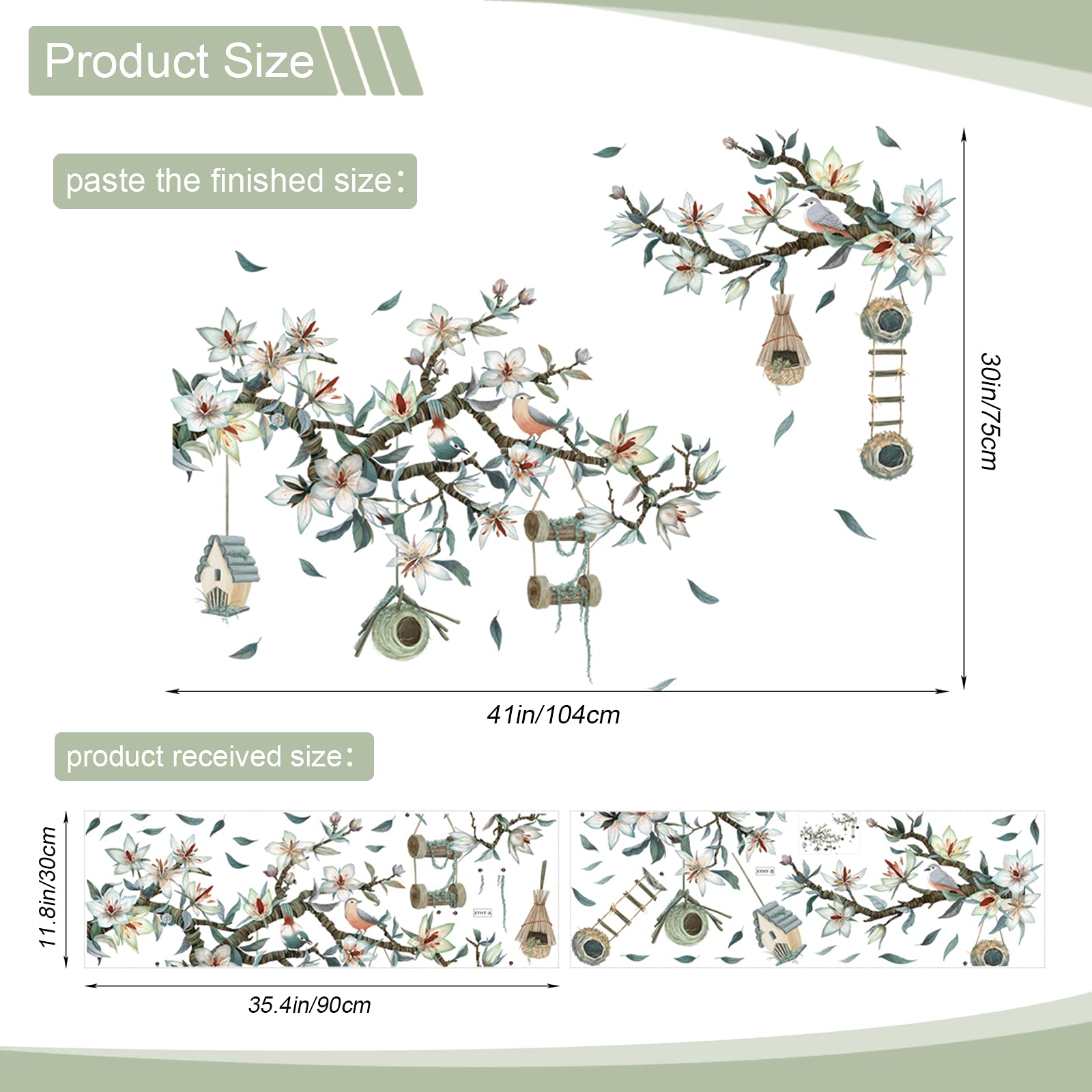 Birds on Magnolia Tree Branches Wall Stickers, ULENDIS DIY Removable White Blossom Flower Wall Decals, Birdcage Murals Wall Decor for Home Bedroom Living Room Corridor Stair