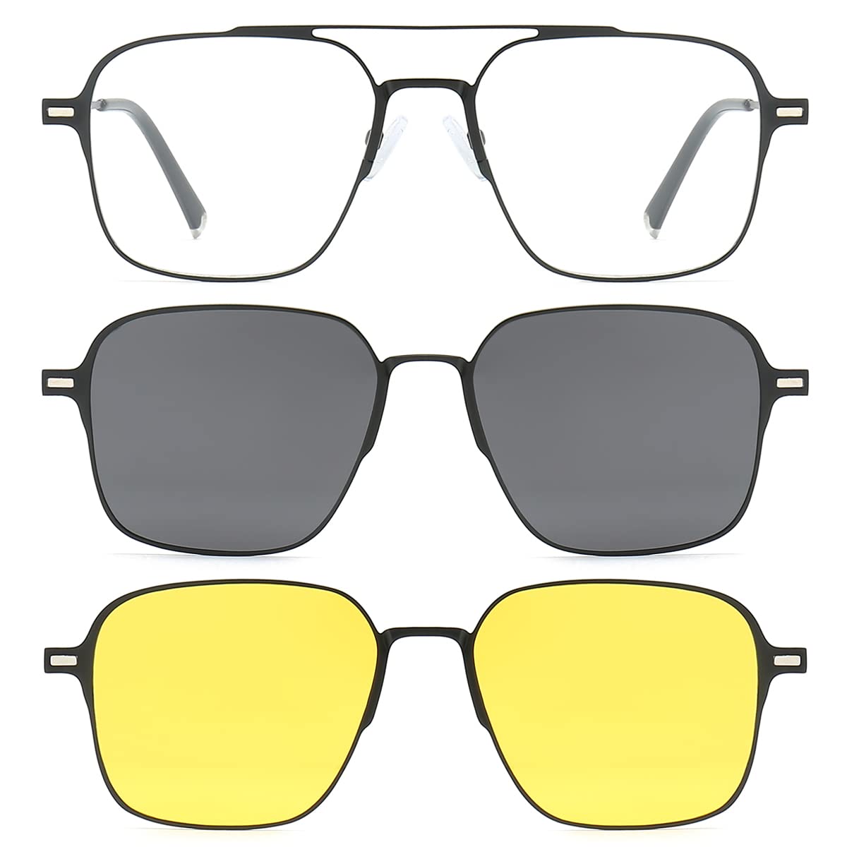 3PCS Magnetic Clip On Sunglasses for Men & Women Polarized UV Protection Retro Square Night Driving Glasses (Black)