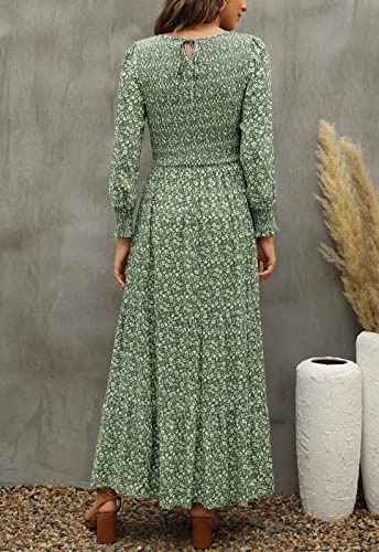 Annebouti Women's 2023 Fall Casual Long Sleeve Maxi Dress Boho Tiered Smocked Office A-Line Modest Floral Long Dresses for Women Olive M